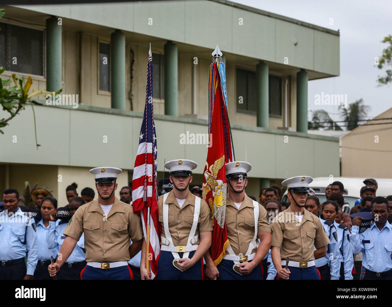 A U.S. Marine color guard stand at parade rest during the Solomon ...