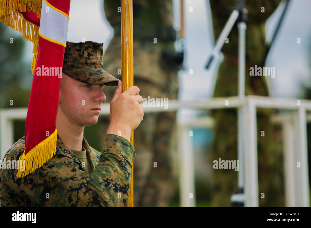 U.S. Marine Corps a colors' bearer stand at attention with the Marine ...