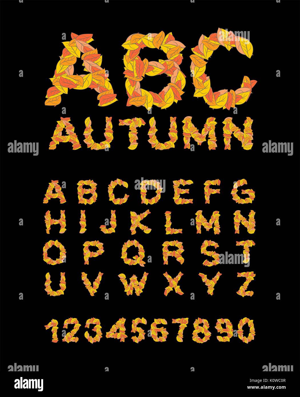 Autumn font. Yellow leaves of alphabet. autumnal ABC. Letters of fallen ...