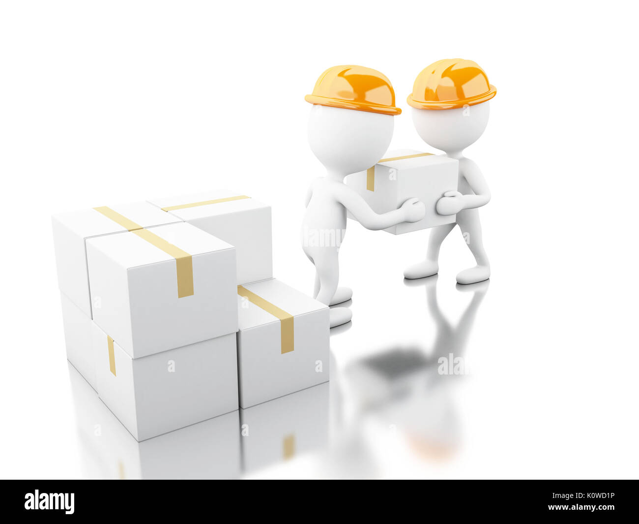 3d illustration. White people unload cardboard boxes. Delivery concept ...