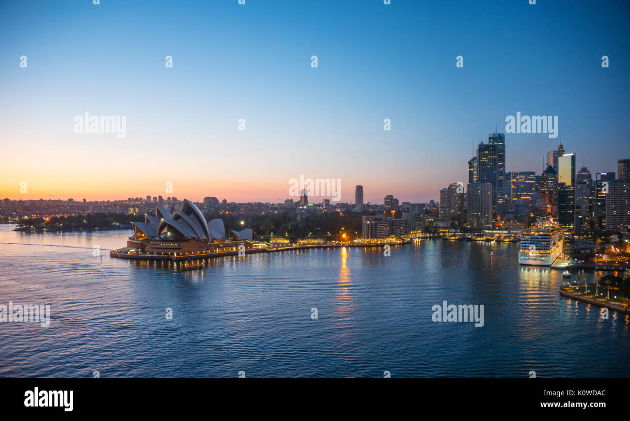 Circular Quay and The Rocks at dusk, skyline with Sydney Opera House ...