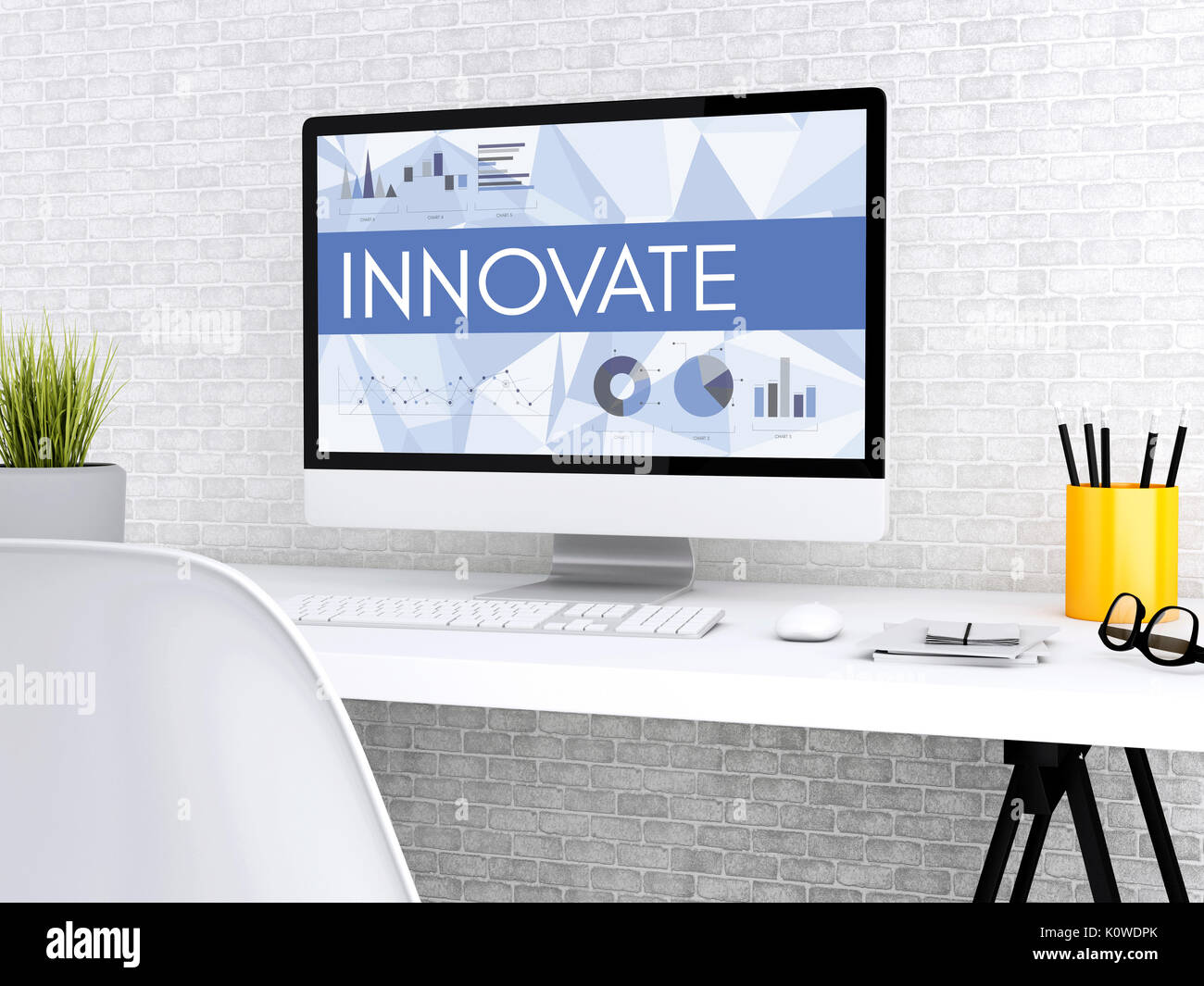 3D illustration. Modern workspace and computer with word INNOVATE ...