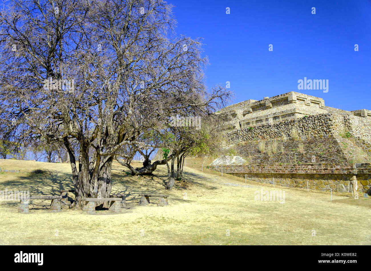 View of one of the temples in the ruins of Monte Albán in Oaxaca ...