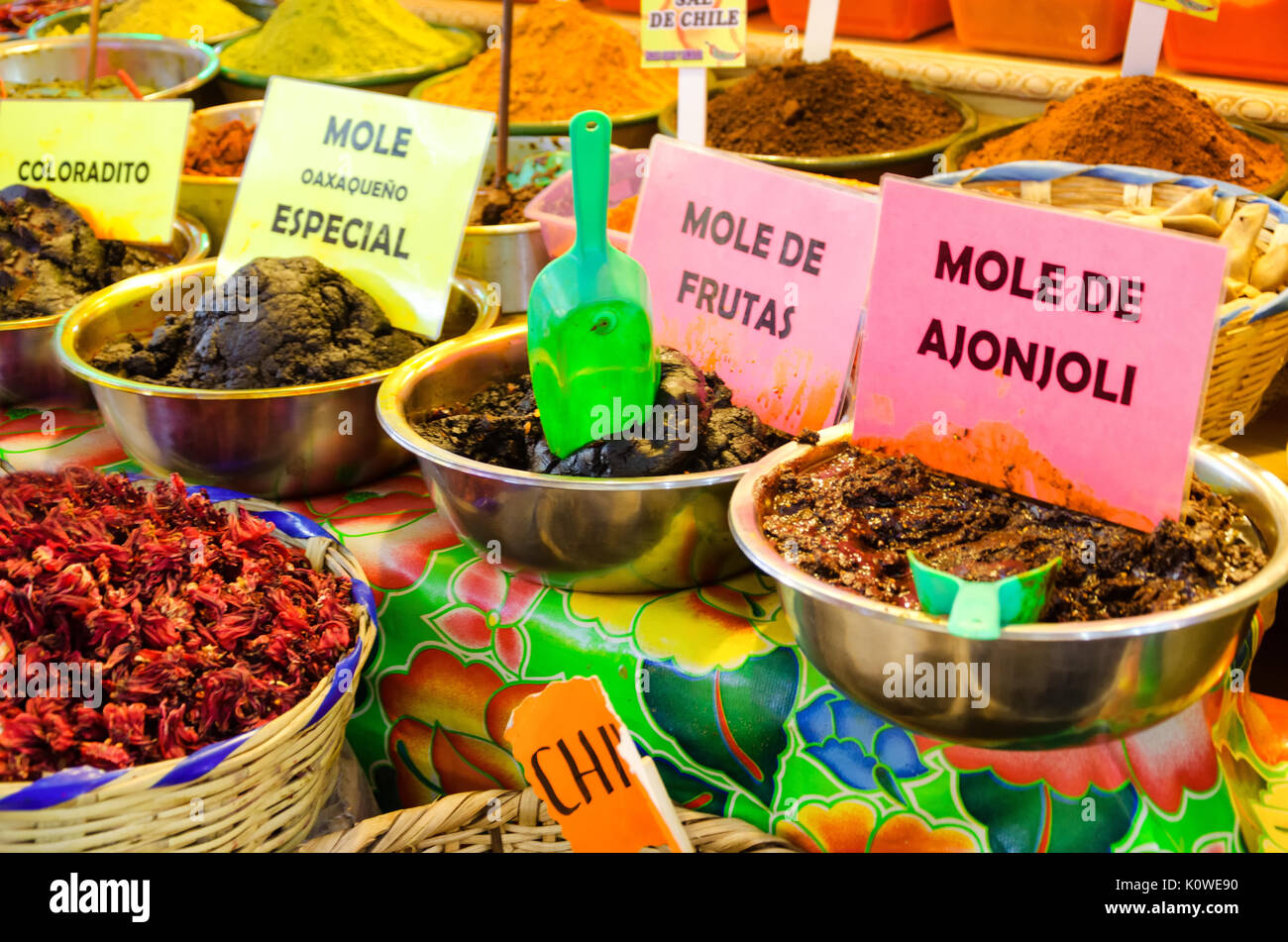 Different types of mole and spices in marketplace in downtown Oaxaca ...
