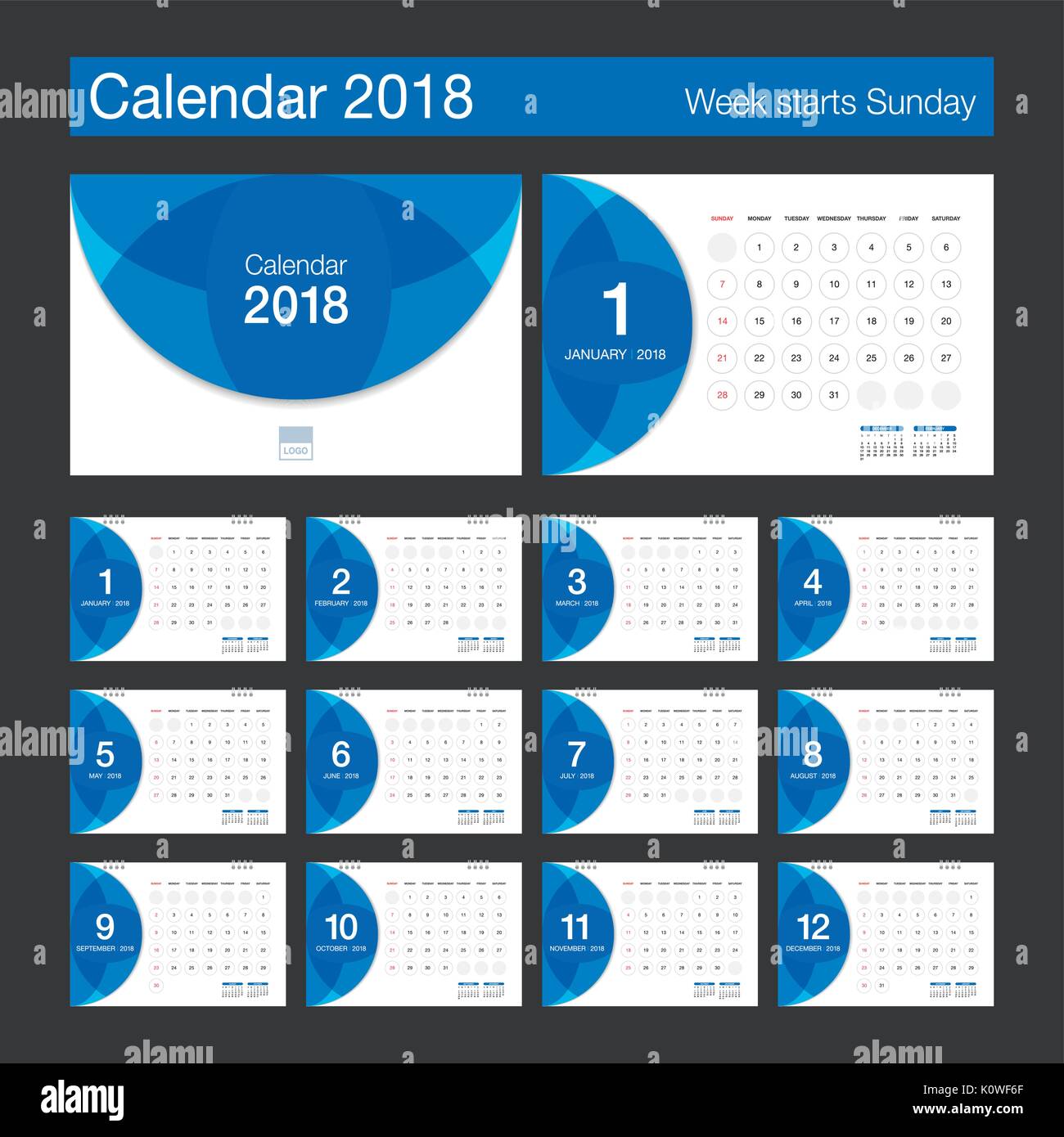 2018 Calendar. Desk Calendar modern design template. Week starts Sunday ...