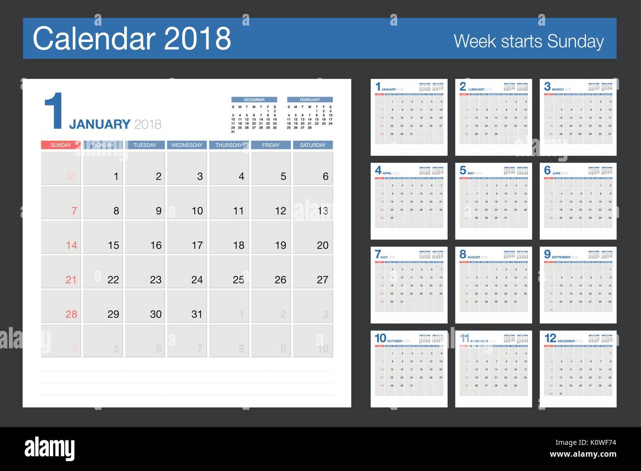 2018 Calendar. Desk Calendar modern design template. Week starts Sunday ...