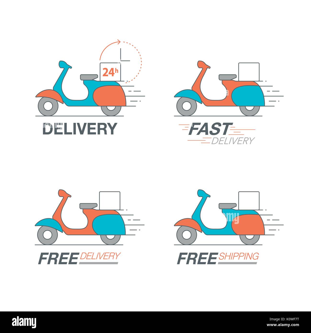 Delivery icon set. Scooter motorcycle service, order, 24 hour, fast and ...