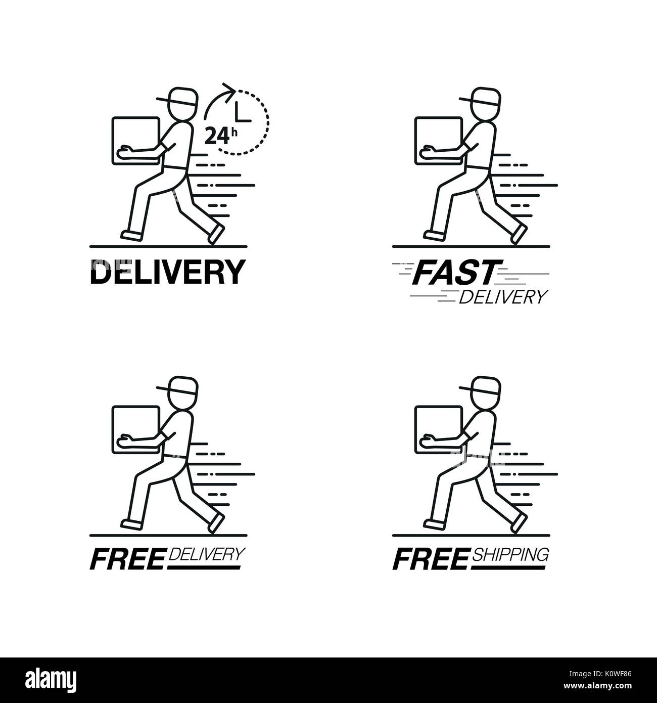 Delivery icon set. Delivery man service, order, 24 hour, fast and free ...