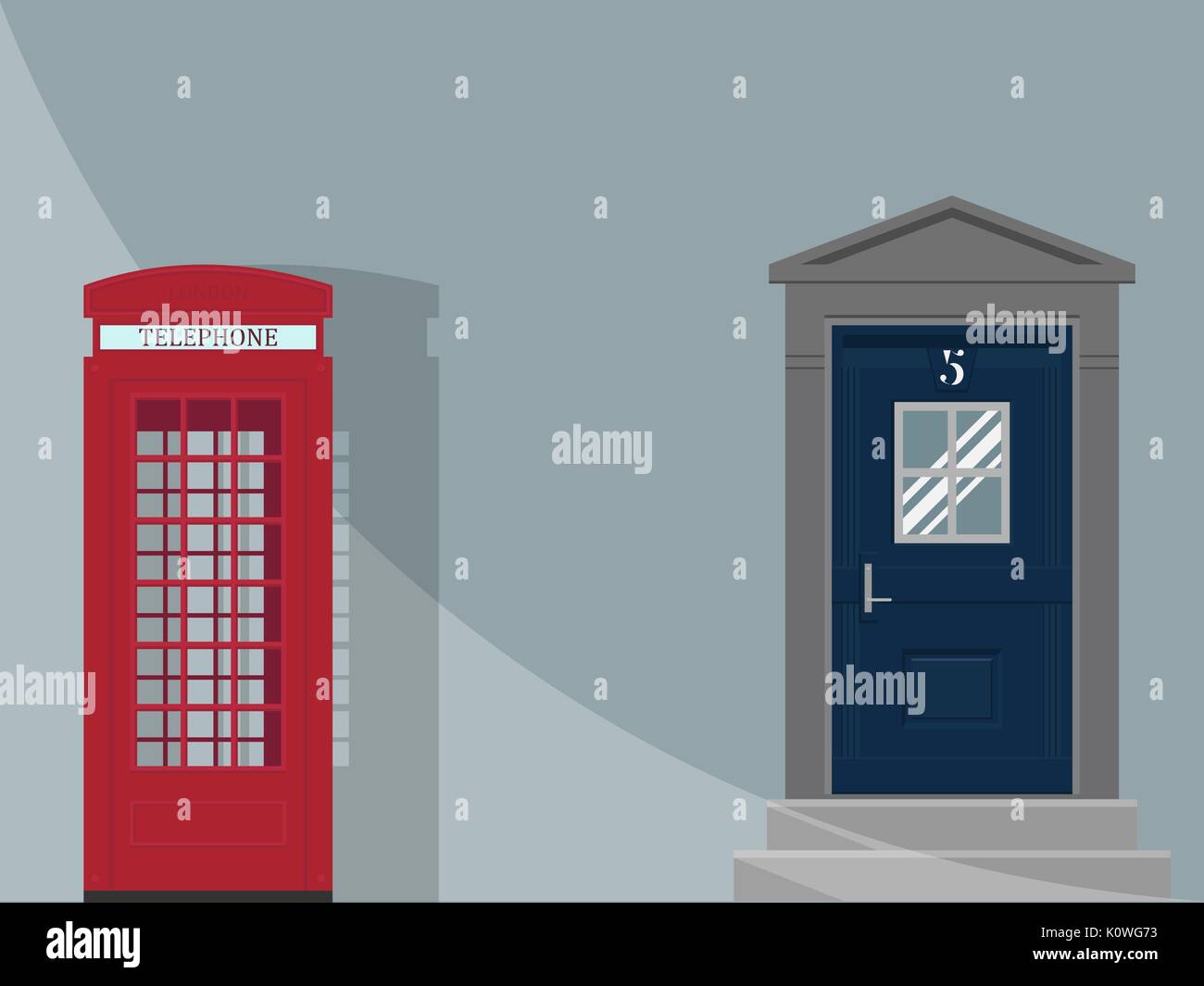 London red phone cabin with shadow and blue front door.Flat vector ...