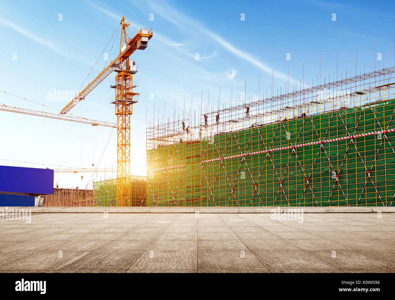 Marble platform in front of the construction site, workers and qizongji ...
