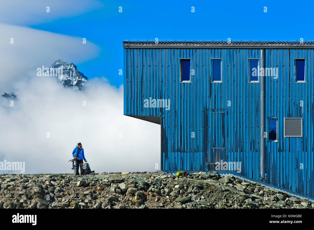 Alpinist at the Tracuit Refuge, Cabane de Tracuit, of the Swiss Alpin ...
