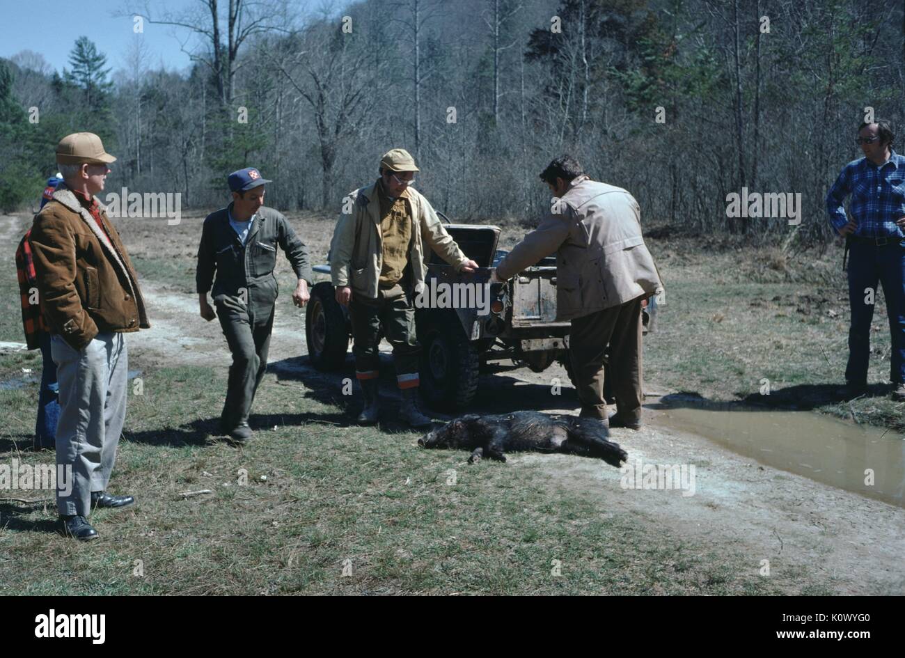 Male hunters standing around an all terrain vehicle with the carcass of ...
