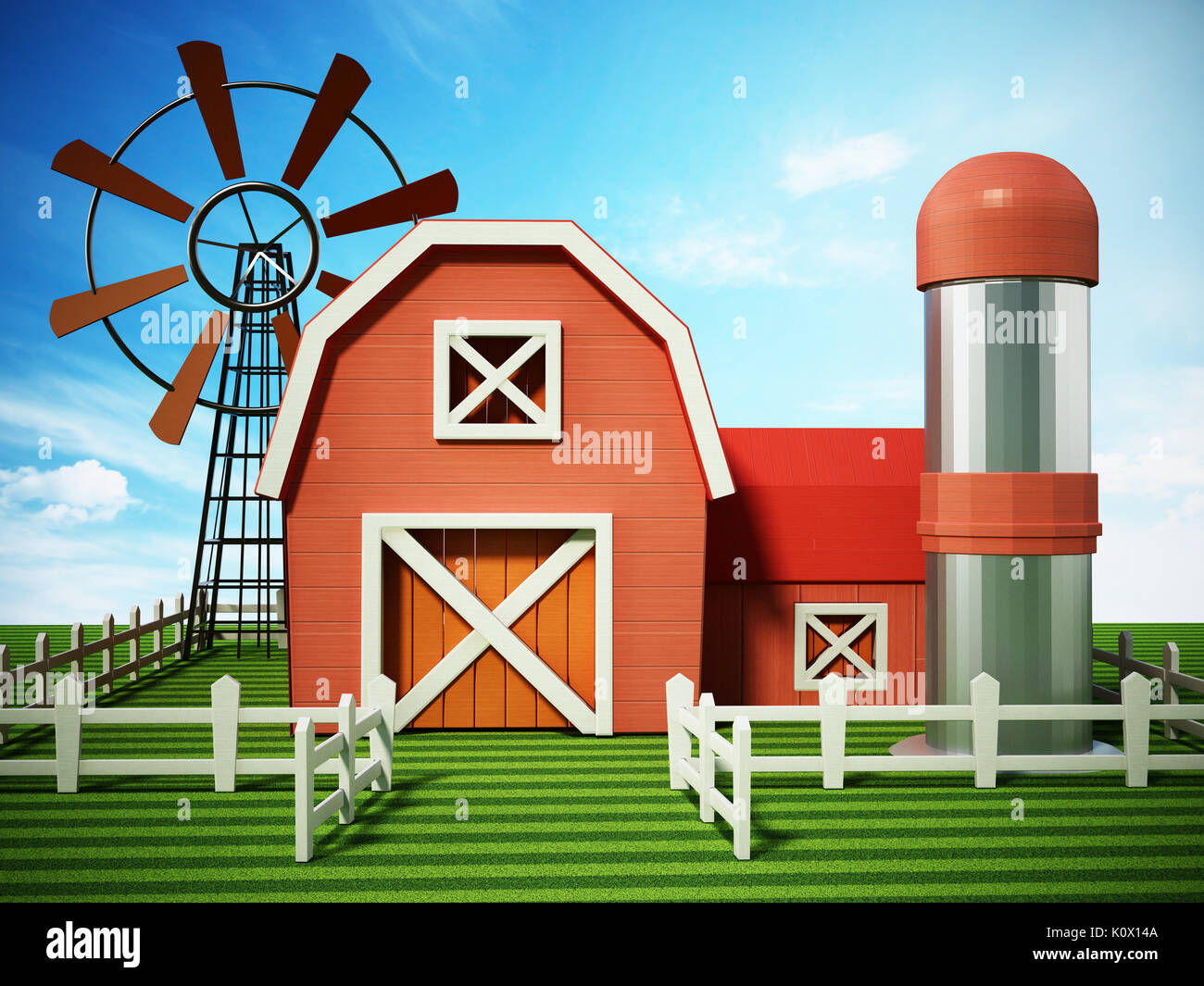 Farmhouse with windmill and silo standing on green area. 3D ...