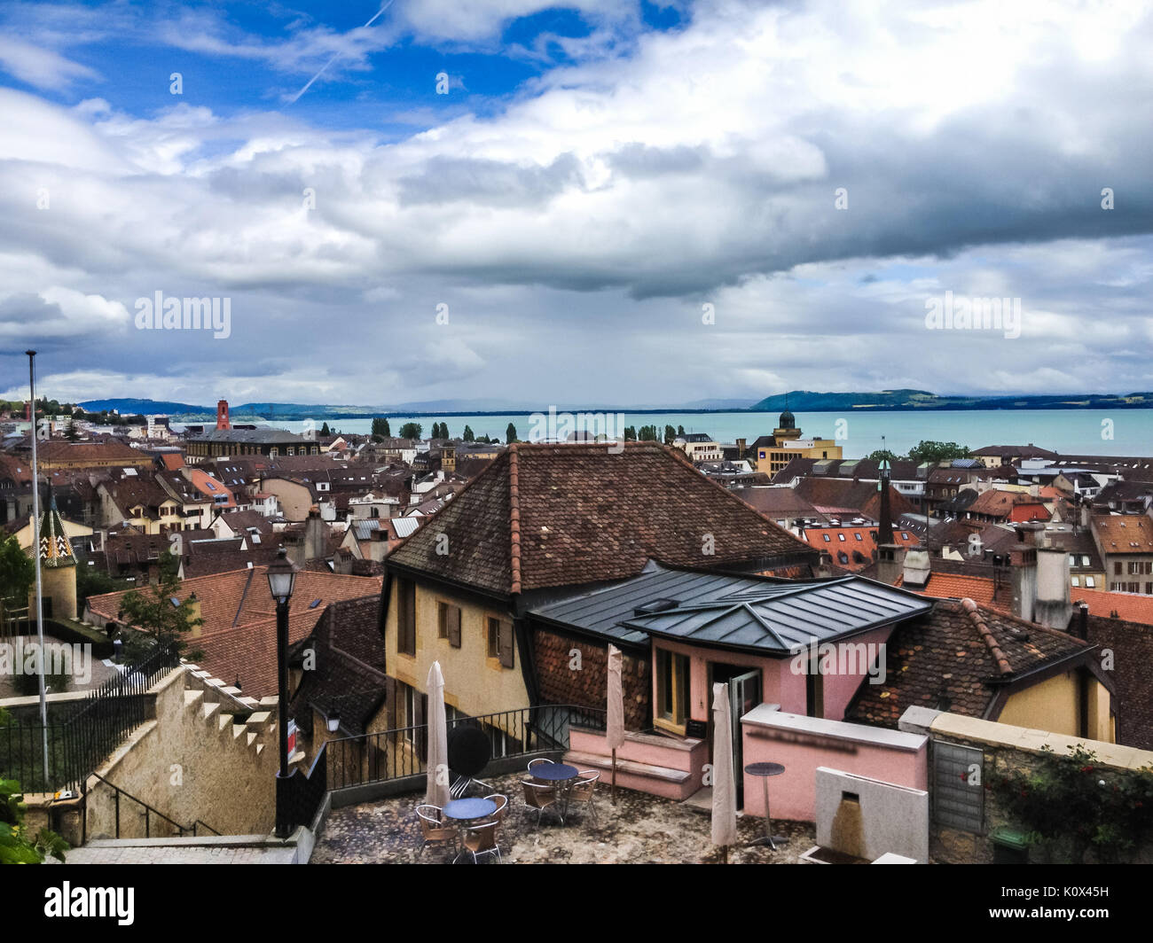 Top view of the medieval town Neuchatel with Lake Neuchatel and the ...