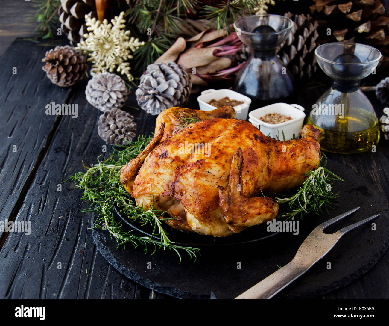 Roast chicken for Christmas and New Year with mulled wine and Christmas ...