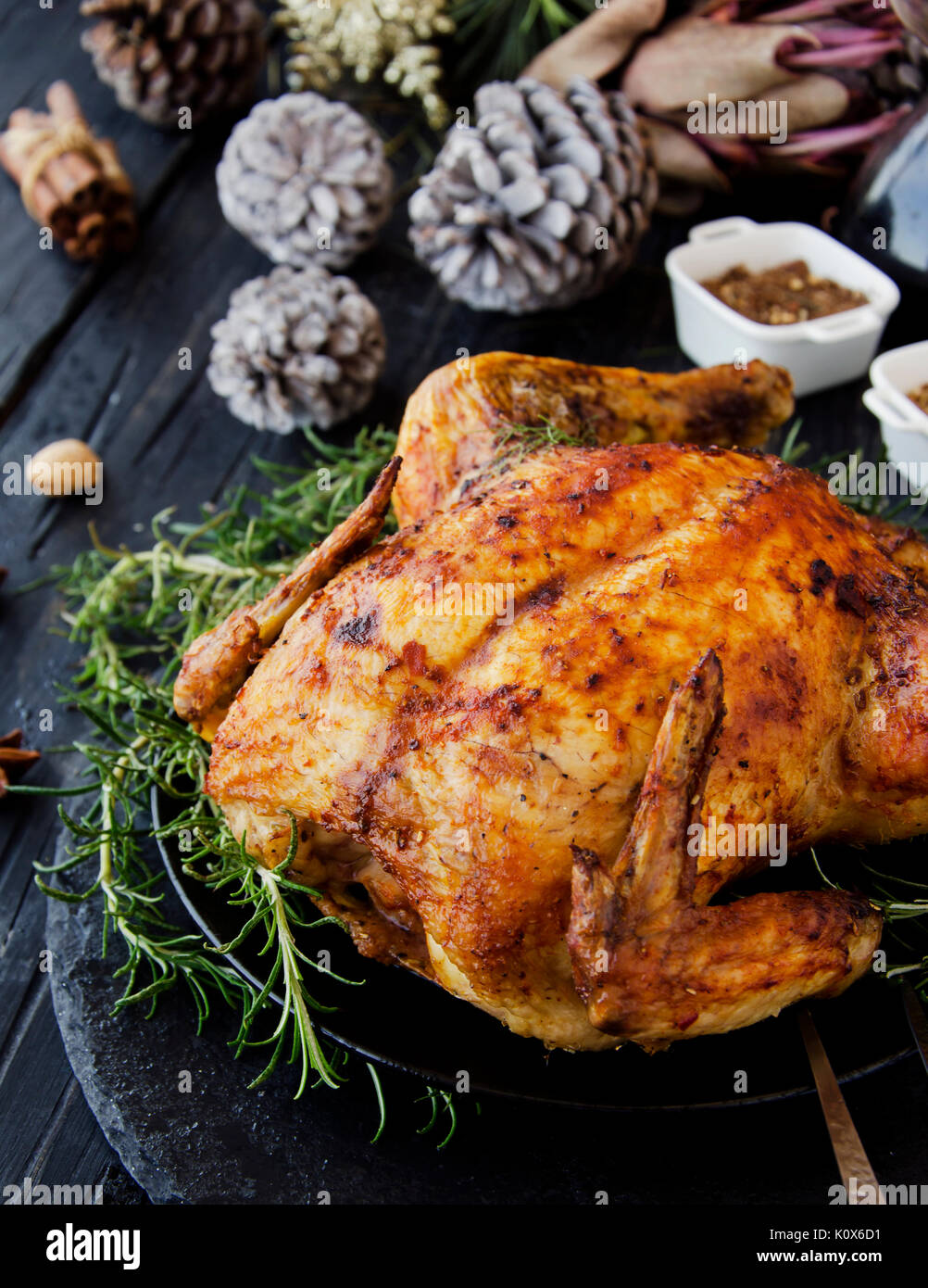 Roast chicken for Christmas and New Year with mulled wine and Christmas ...