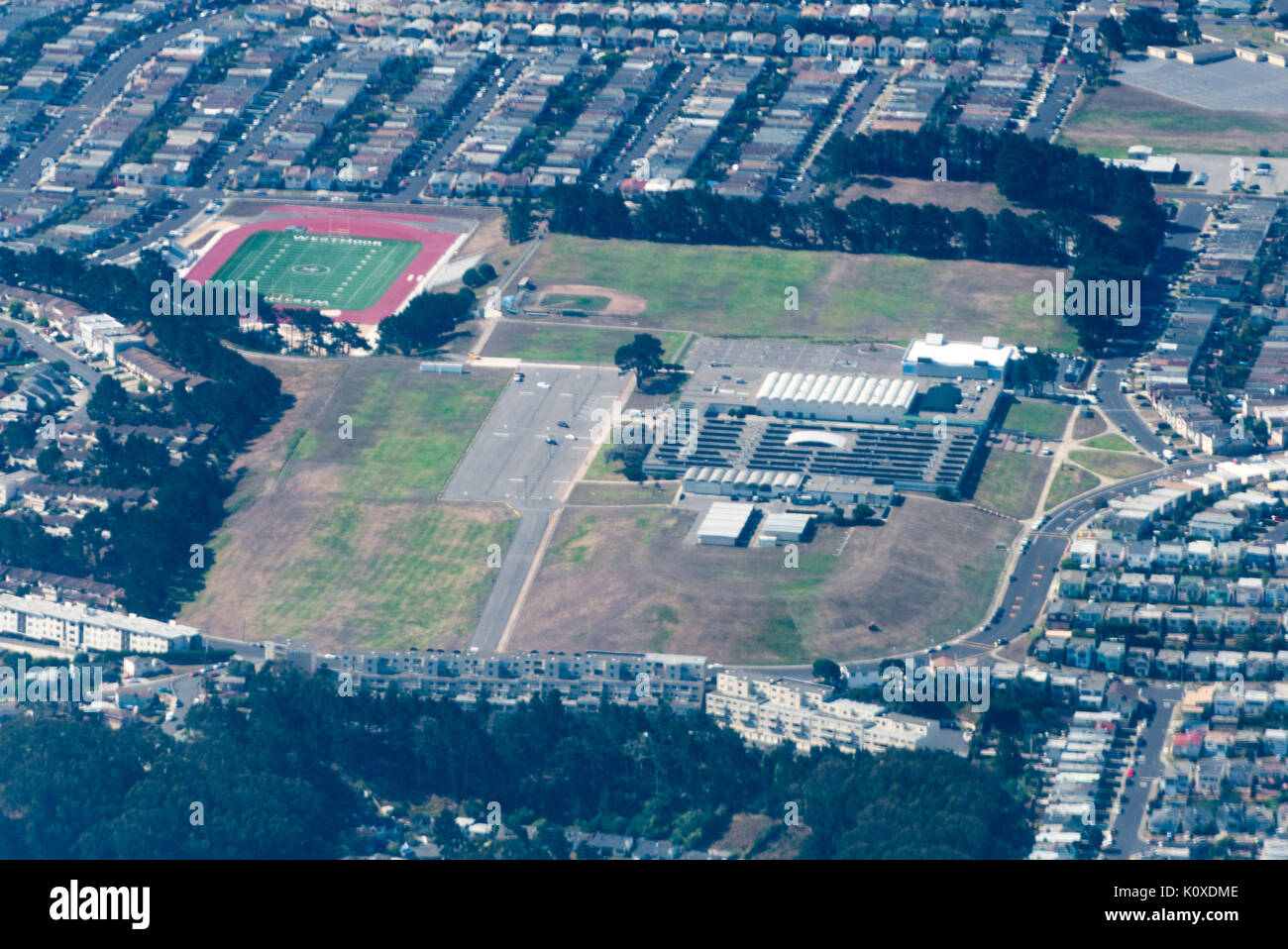 Aerial view of Westmoor High School and football stadium in San ...