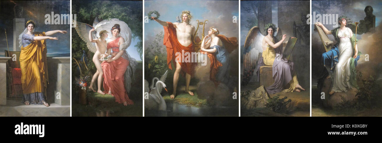Apollo and the Muses, oil on canvas pentyptych by Charles Meynier ...