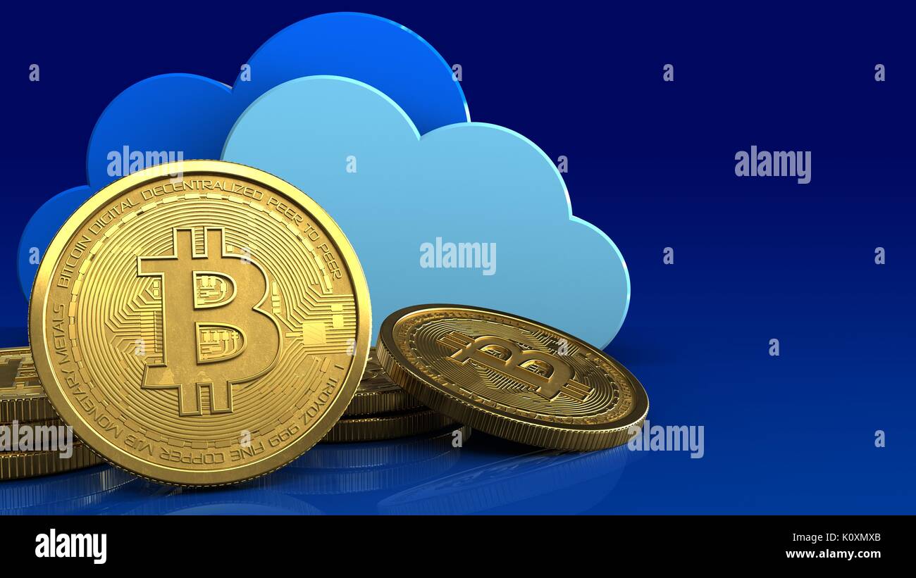 3d illustration of clouds over blue gradient background with bitcoins ...