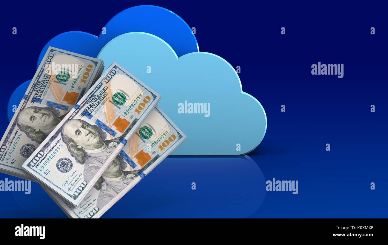 3d illustration of clouds over blue gradient background with money ...
