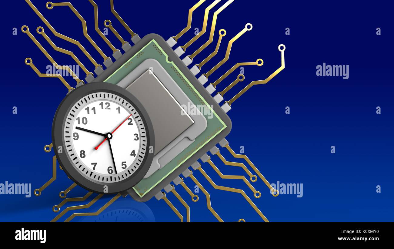 3d illustration of cpu over blue gradient background with clock Stock ...