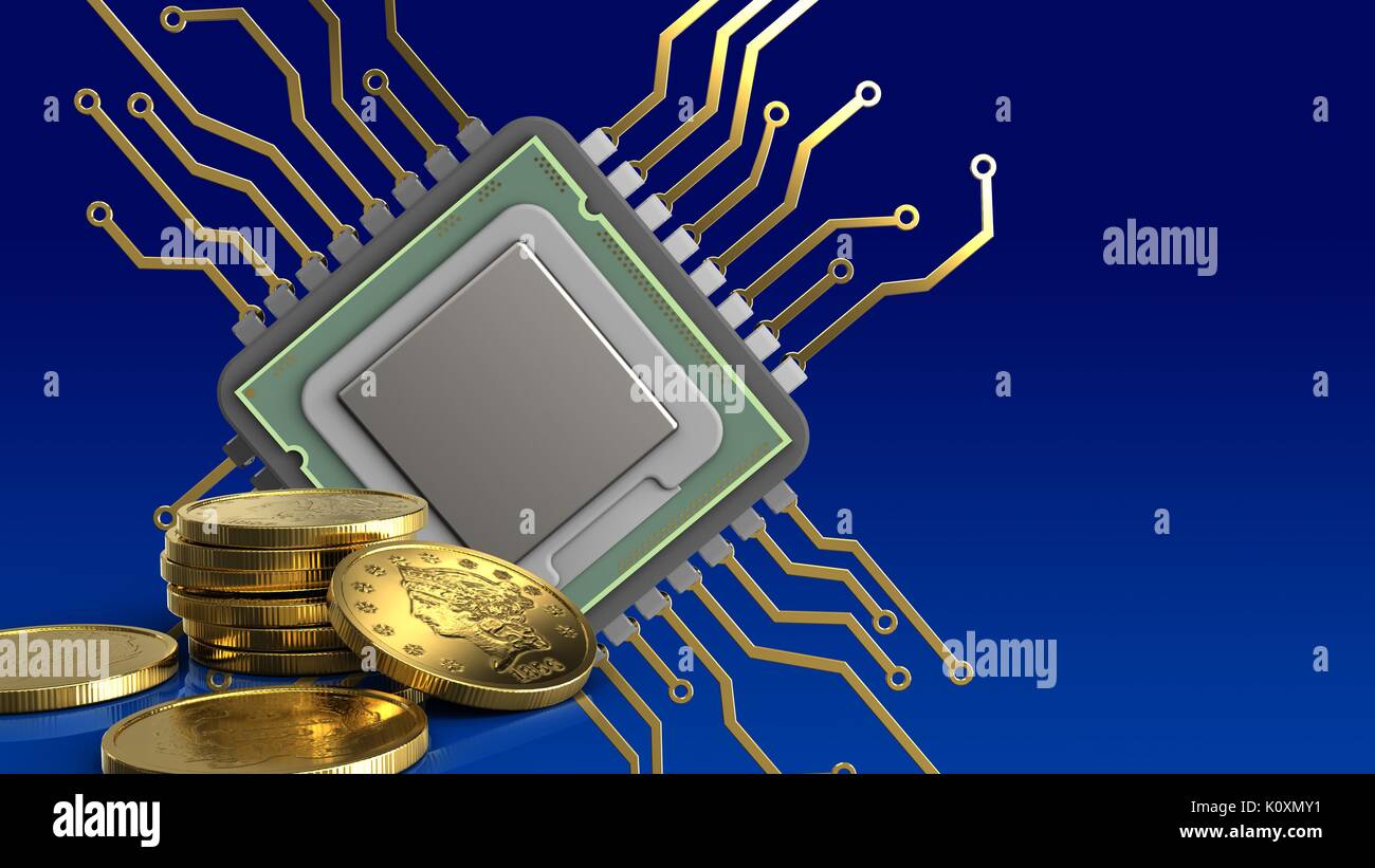 3d illustration of cpu over blue gradient background with golden coins ...
