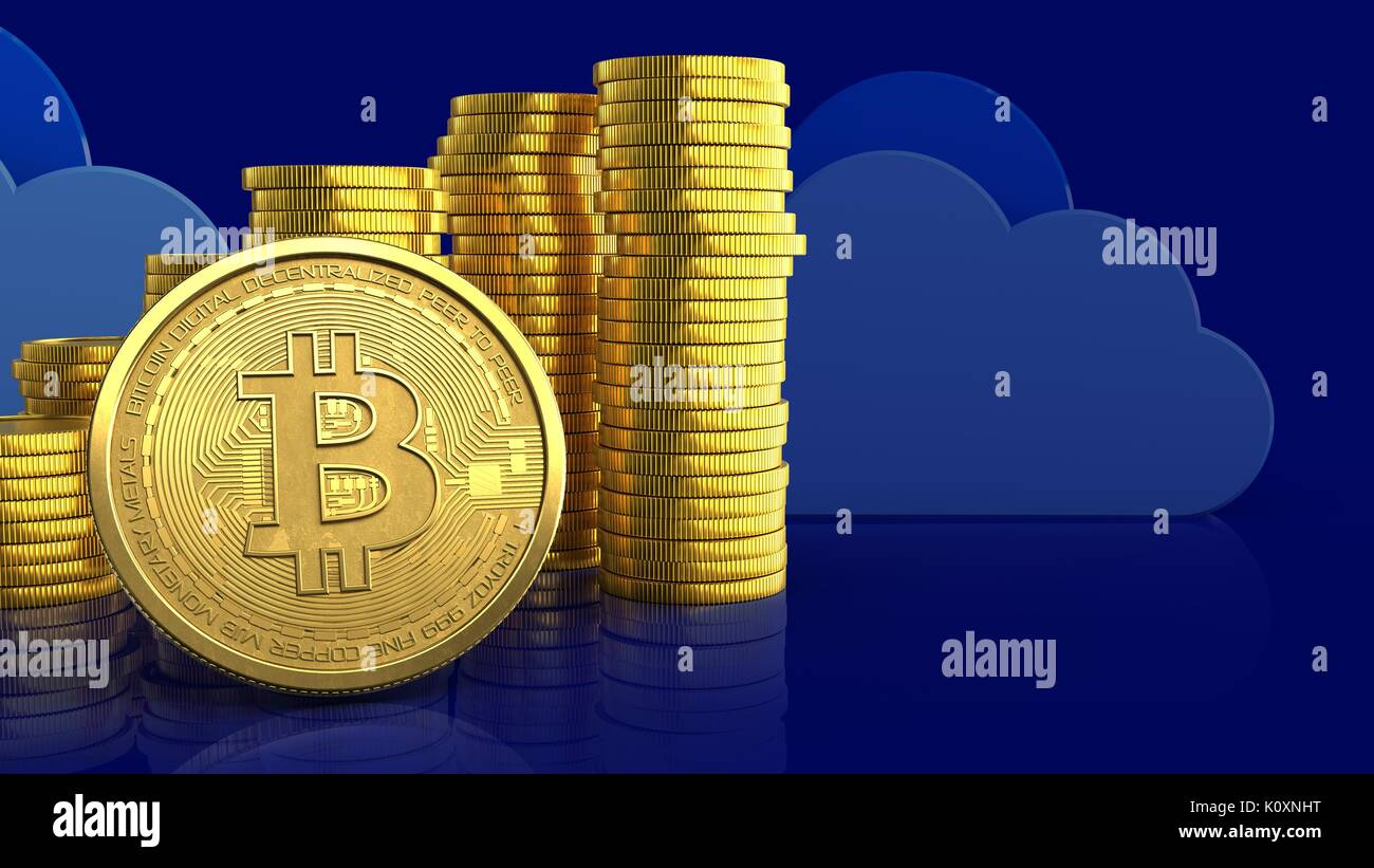 3d illustration of coins stack over clouds background with bitcoin ...