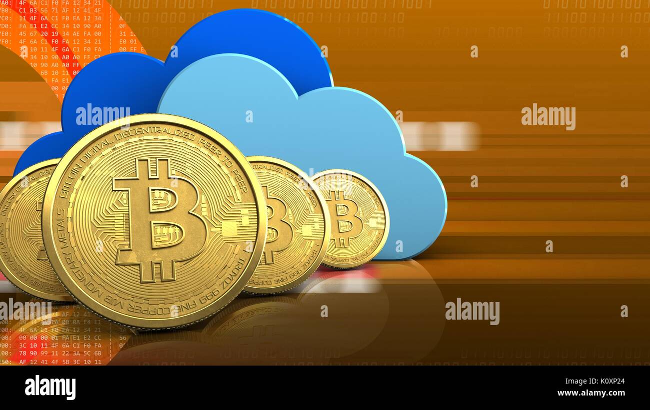 3d illustration of clouds over orange cyber background with bitcoins ...
