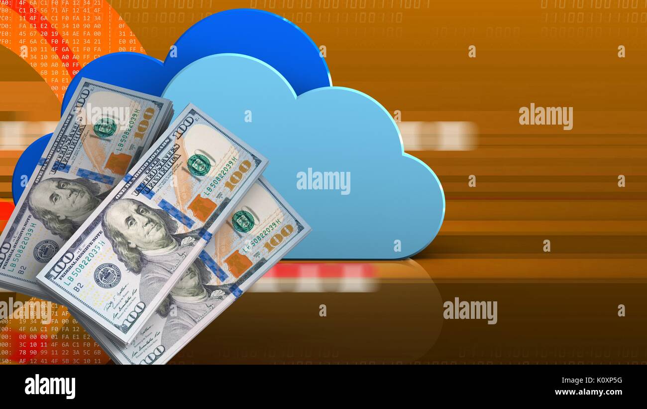 3d illustration of clouds over orange cyber background with money ...