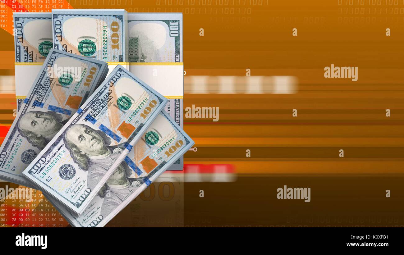 3d illustration of dollar banknotes over orange cyber background with ...