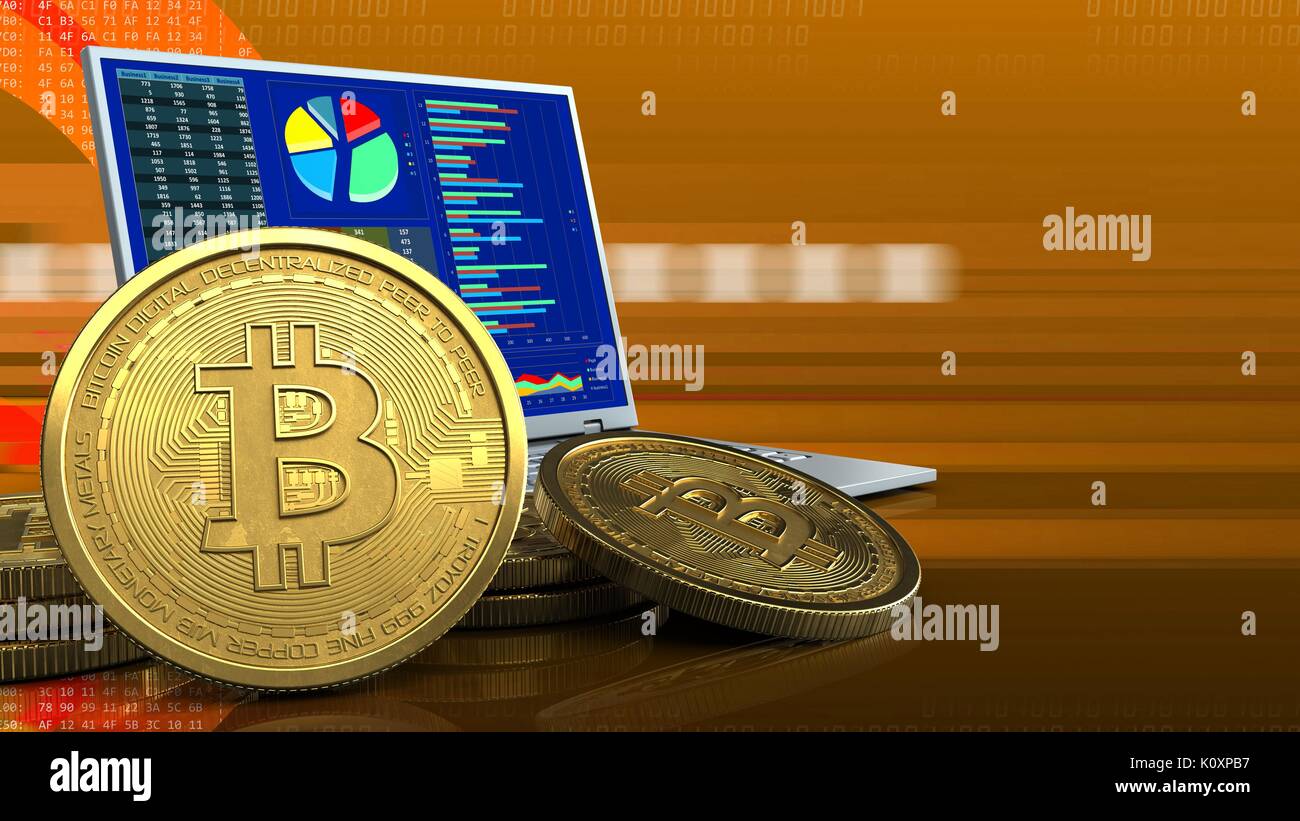 3d illustration of computer over orange cyber background with bitcoins ...