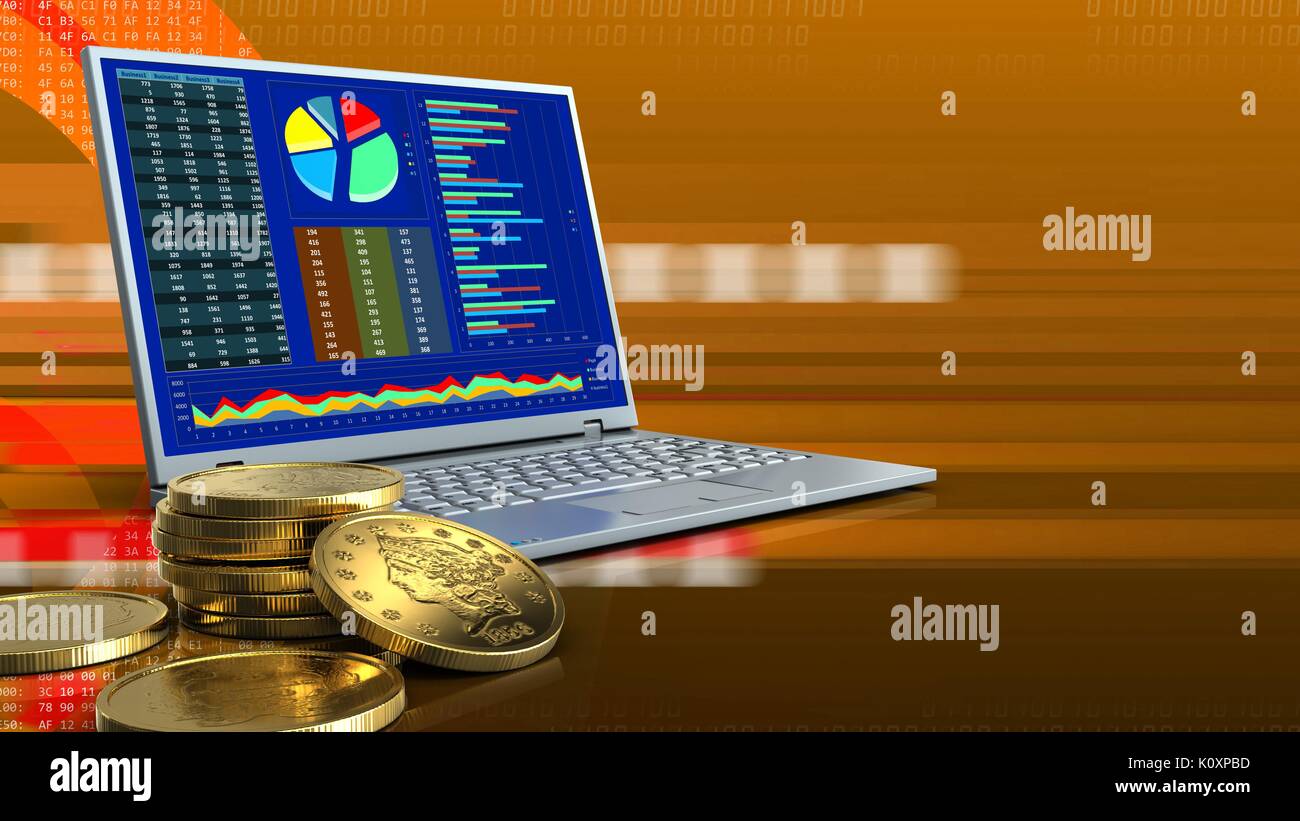 3d illustration of computer over orange cyber background with golden ...