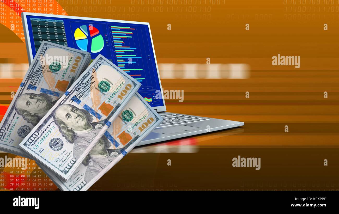 3d illustration of computer over orange cyber background with money ...