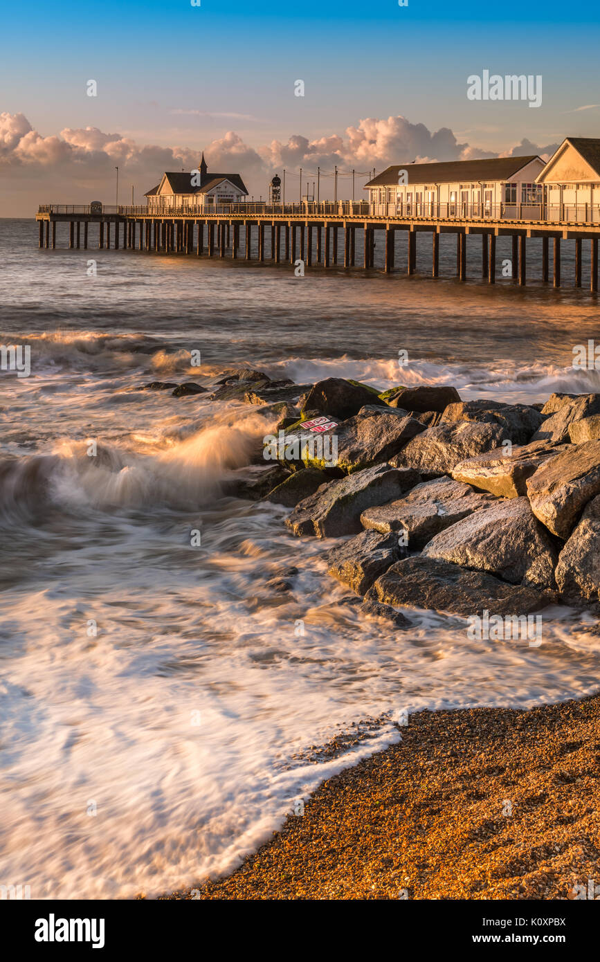 The sun lights up the Pier in the popular Suffolk seaside town of ...