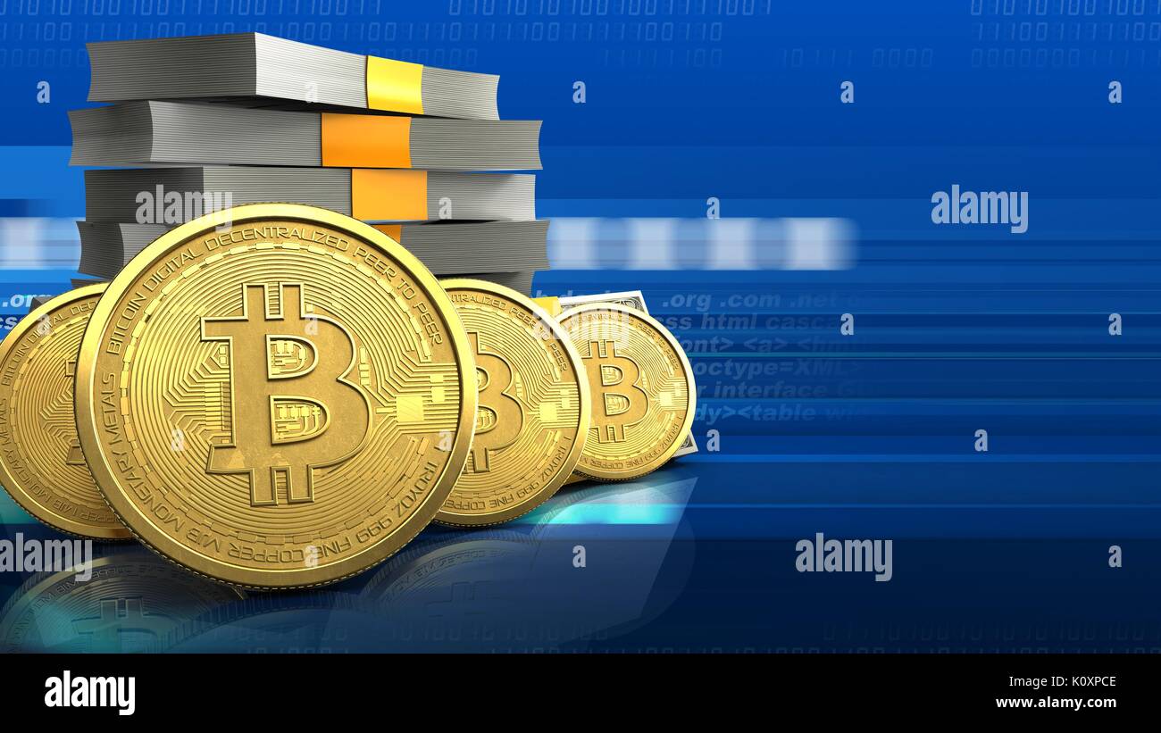 3d illustration of money stack over digital background with bitcoins ...
