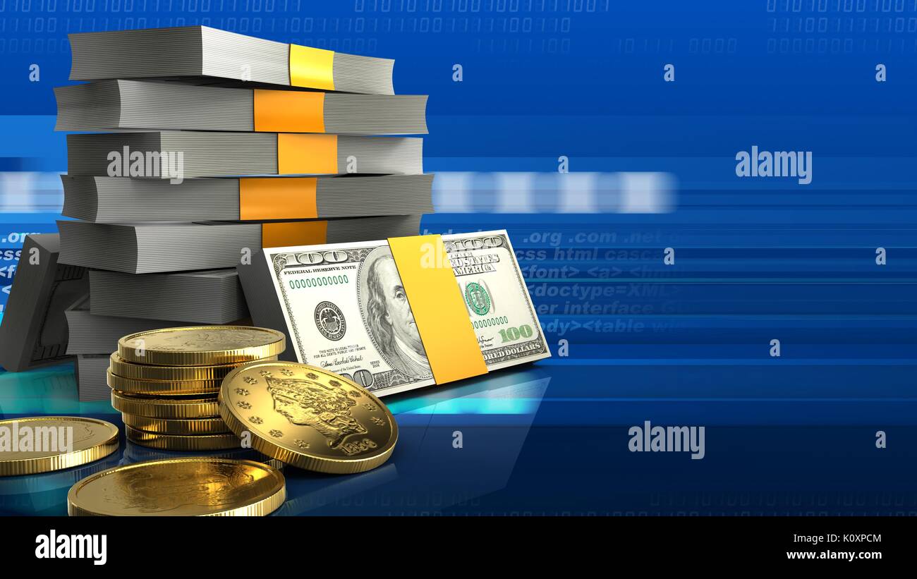 3d illustration of money stack over digital background with golden ...