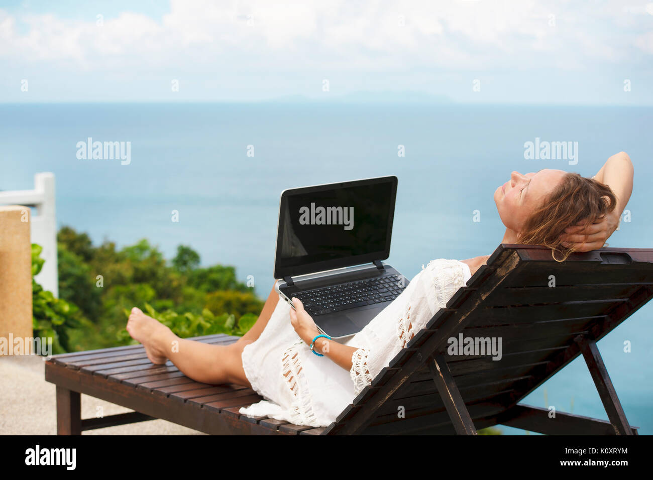 Work At Beach. Successful Business Woman Working Online In Internet ...