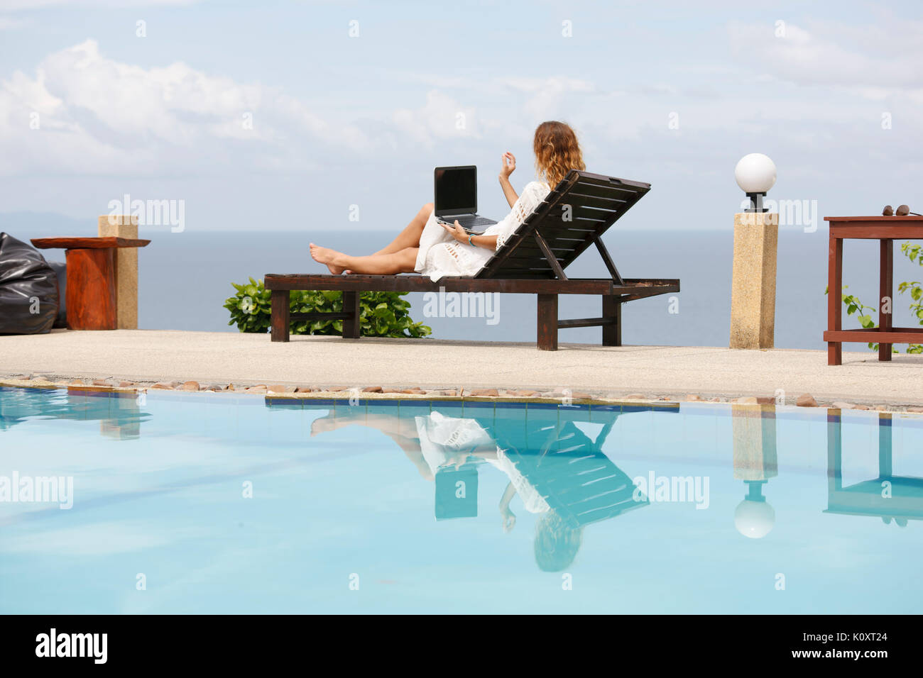 Work At Beach. Successful Business Woman Working Online In Internet ...