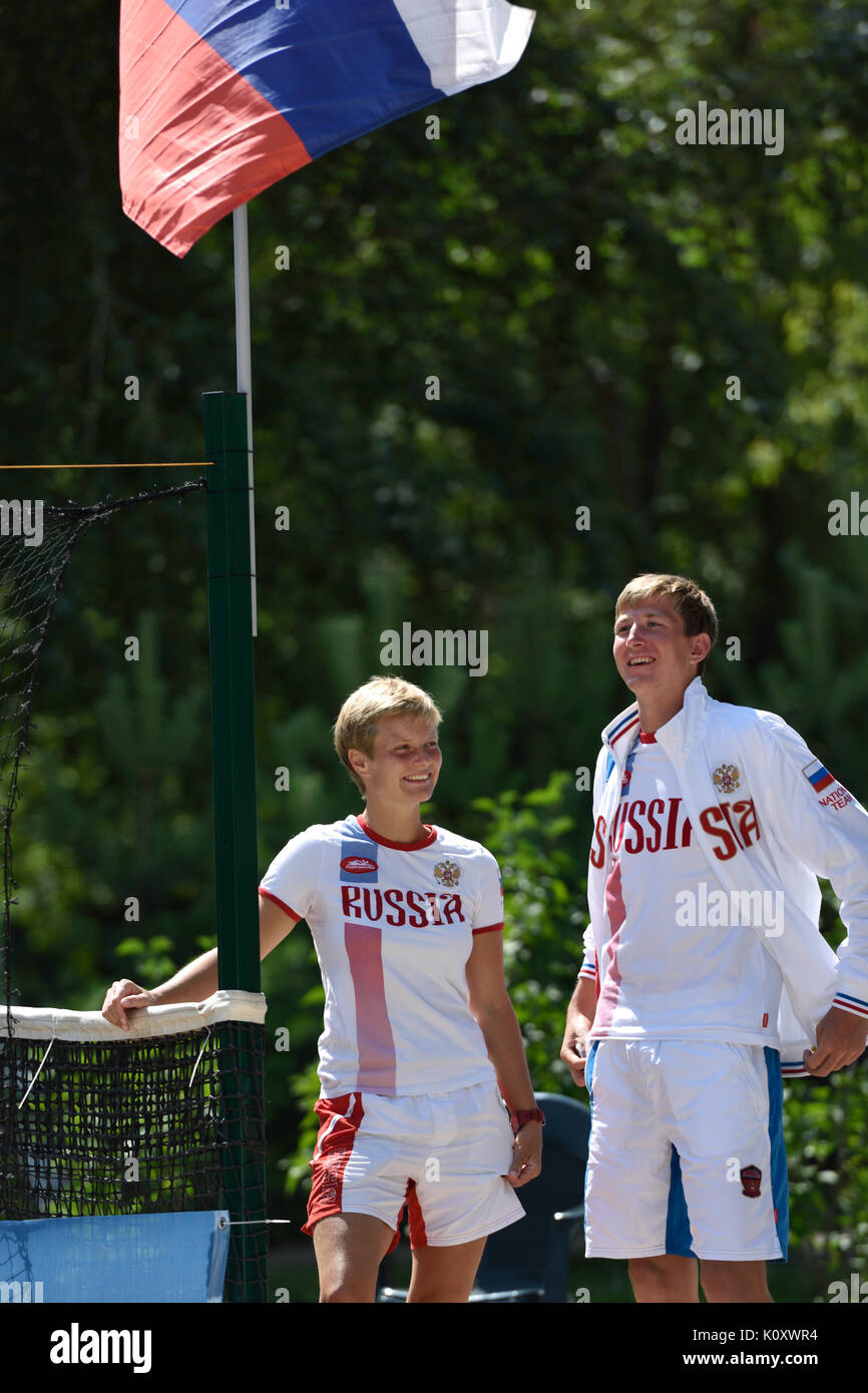 Moscow, Russia - July 16, 2015: Daria Churakova (left) and Nikolay ...