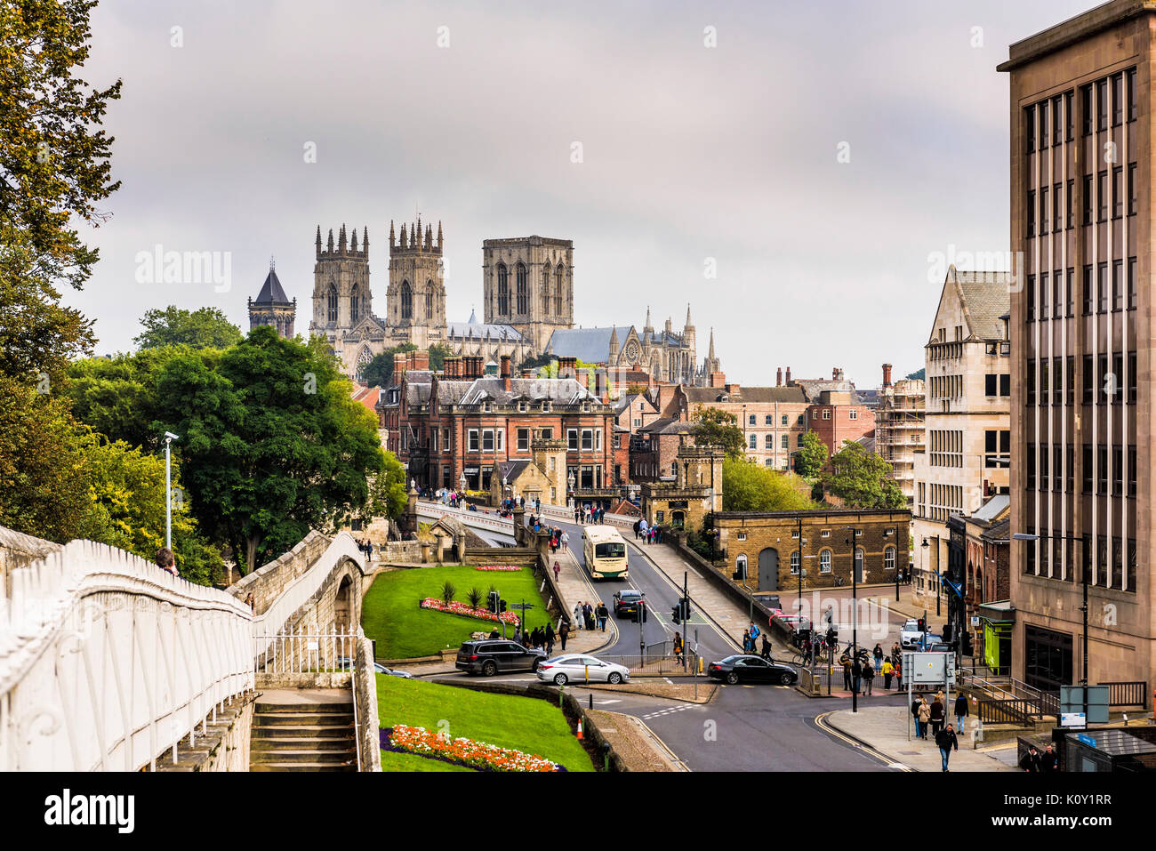 Old roman city walls of York with the York Minster in the background ...