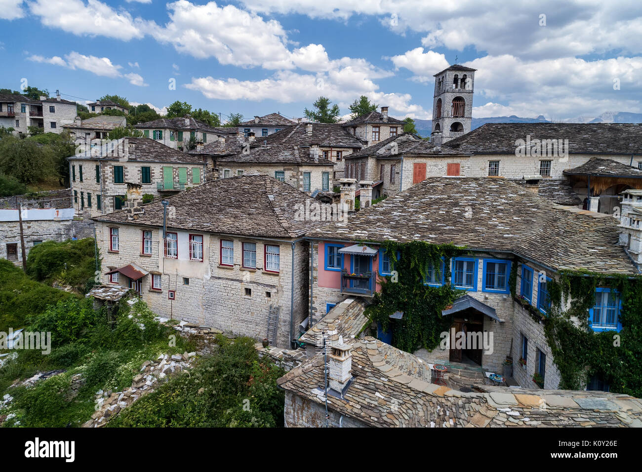 aerial view of old stone houses in the village Dilofo of Zagorochoria ...