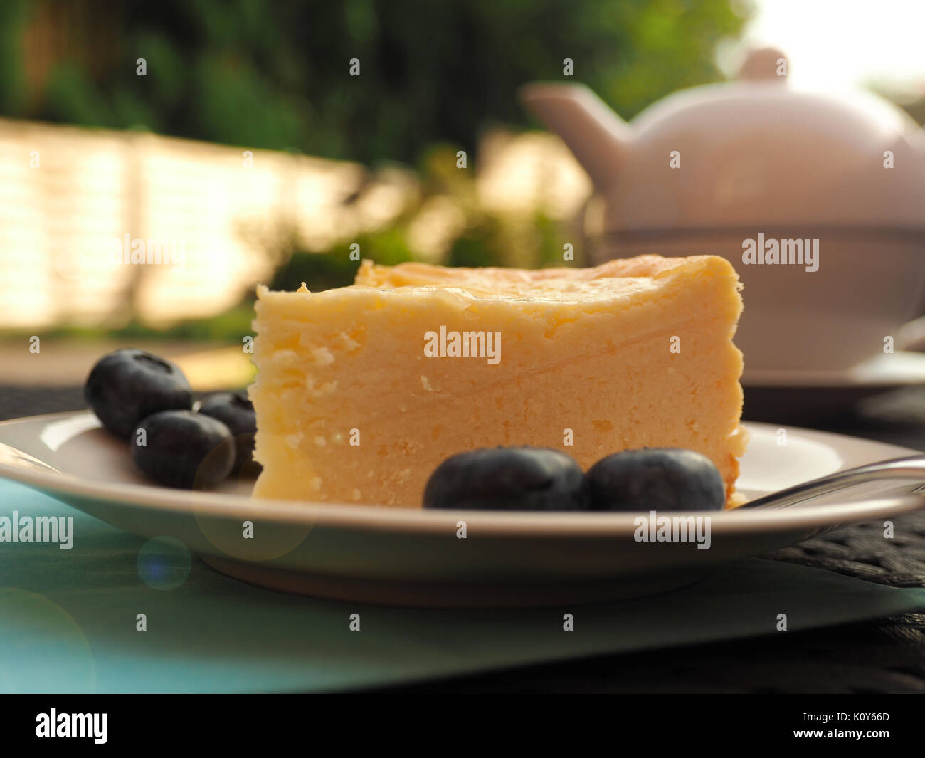 Piece of cheesecake with blueberries on a white plate on a garden table ...