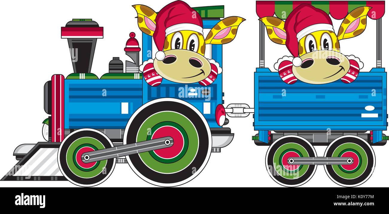 Cute Cartoon Giraffe in Santa Claus Hat Driving Train Vector ...