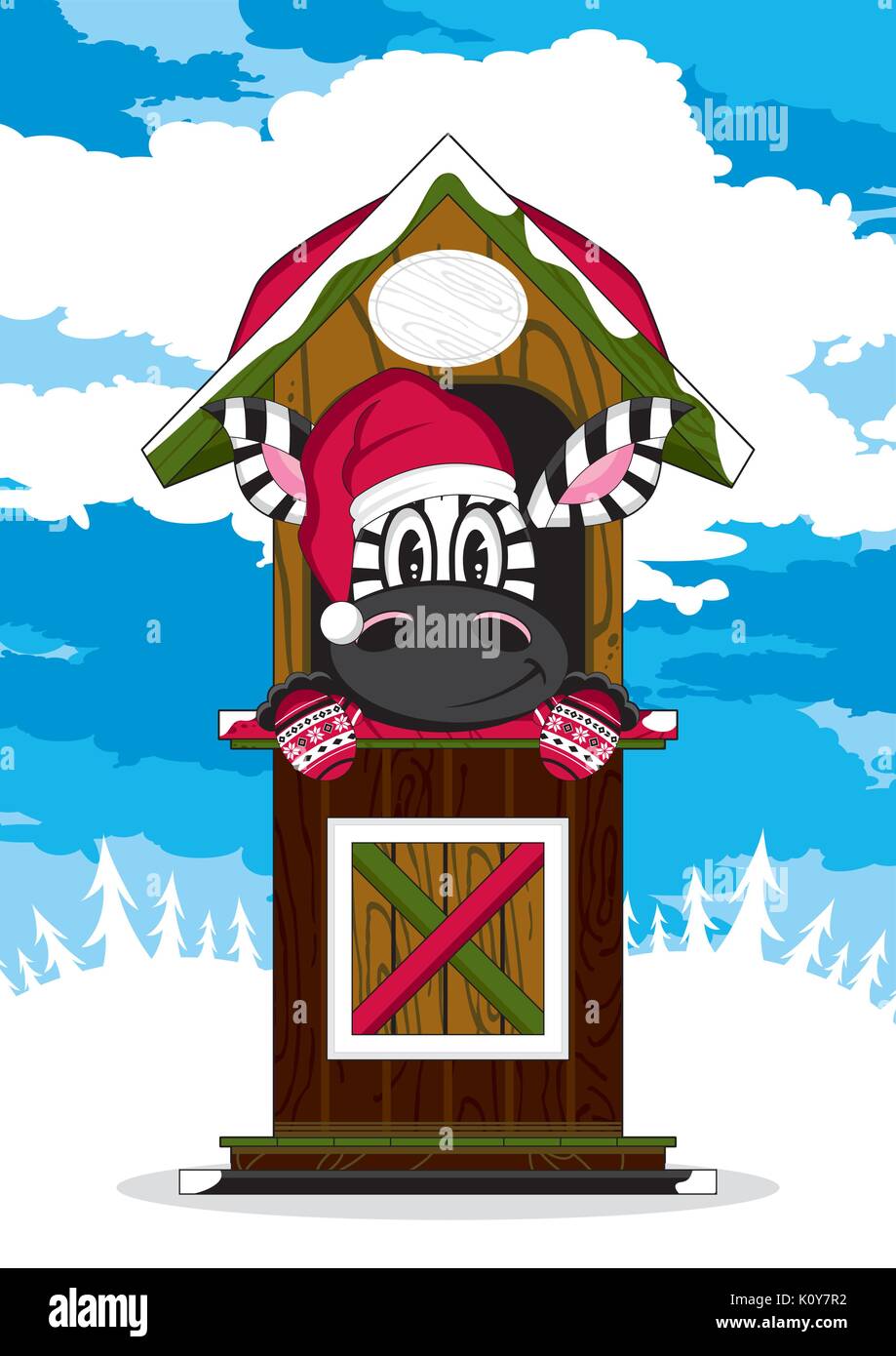 Cute Cartoon Zebra wearing Santa Claus Hat in Hut Vector Illustration ...