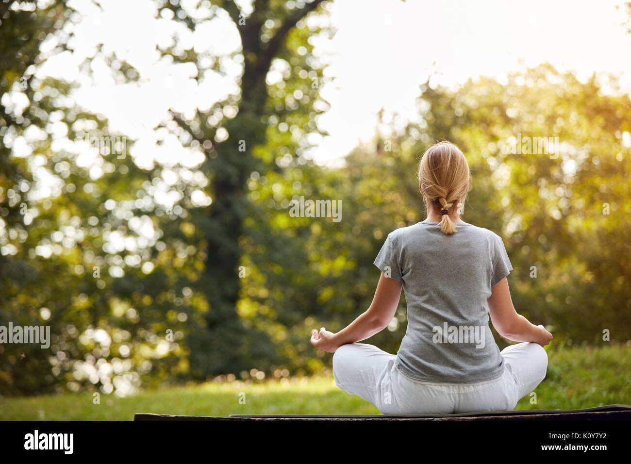 Woman practicing yoga in green park, back view Stock Photo - Alamy