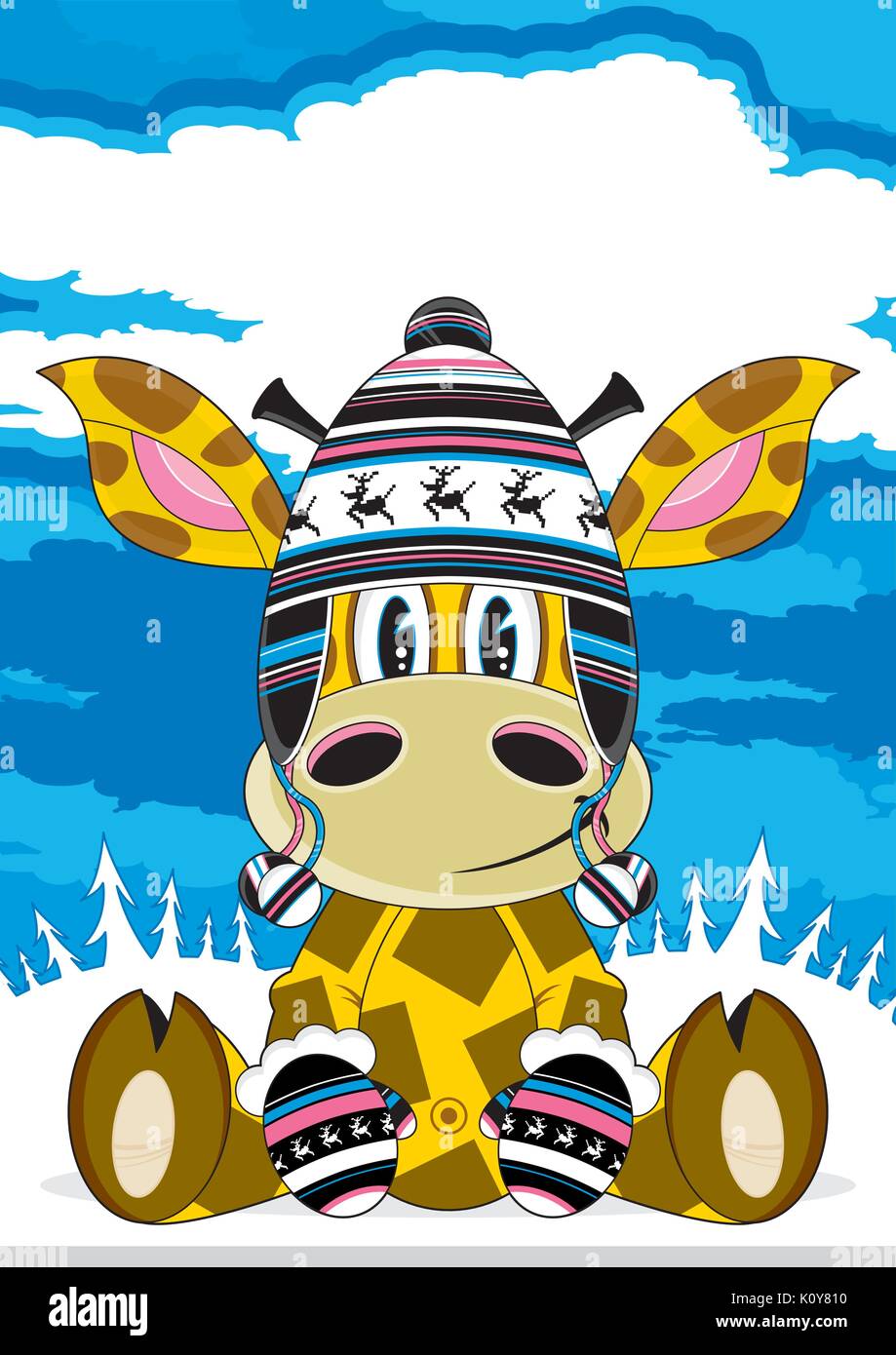Cute Cartoon Giraffe in Wooly Hat Vector Illustration Stock Vector ...