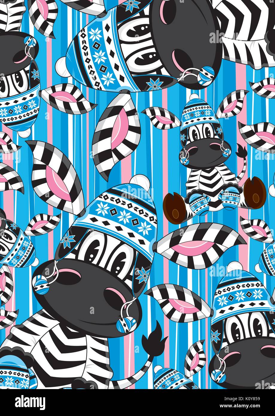 Cute Cartoon Zebra in Wooly Hat Patterned Vector Illustration Stock ...