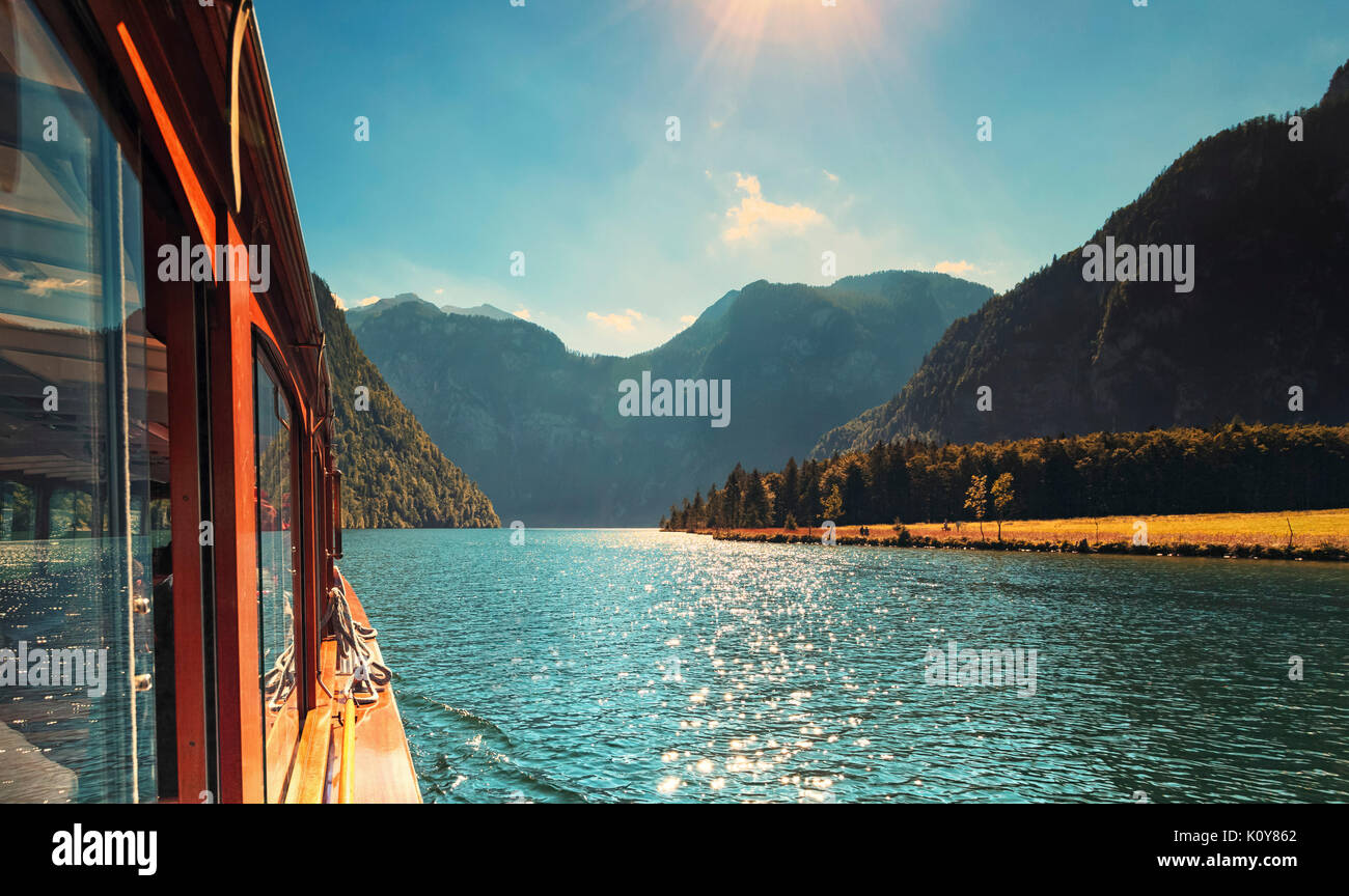 Tour boat on Koenigssee, Berchtesgaden Alps, Berchtesgaden, Bavaria ...