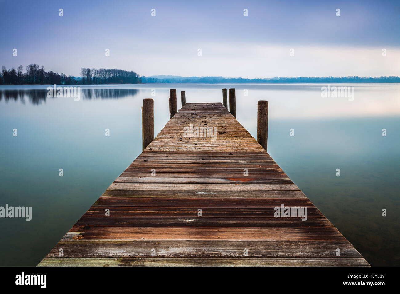 Jetty on Lake Waging, Waging am See, Upper Bavaria, Bavaria, Germany ...