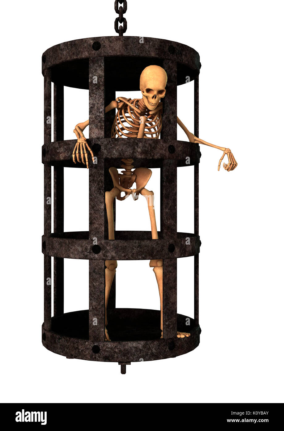 3D rendering of a human skeleton in an old cage isolated on white ...